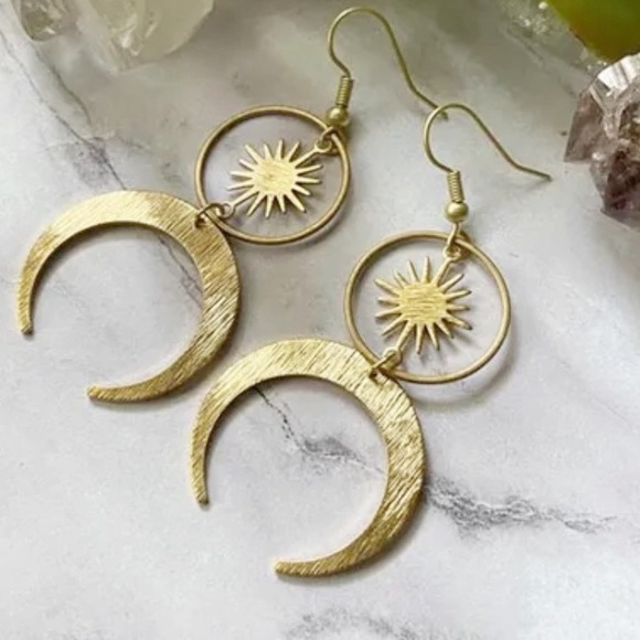 Jewelry | Brass Gold Hoop Earrings Sun And Crescent Moon Horn Moon Boho ...